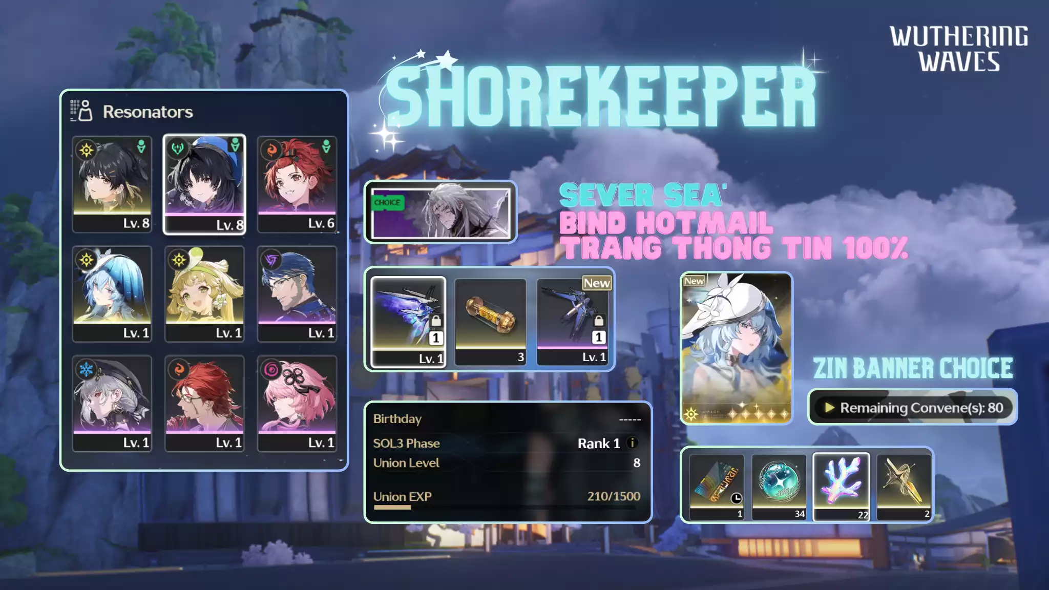 Acc #67952: [Sea] ShoreKeeper Trấn + Verina + Vé chọn 5 sao + Zin Map ...